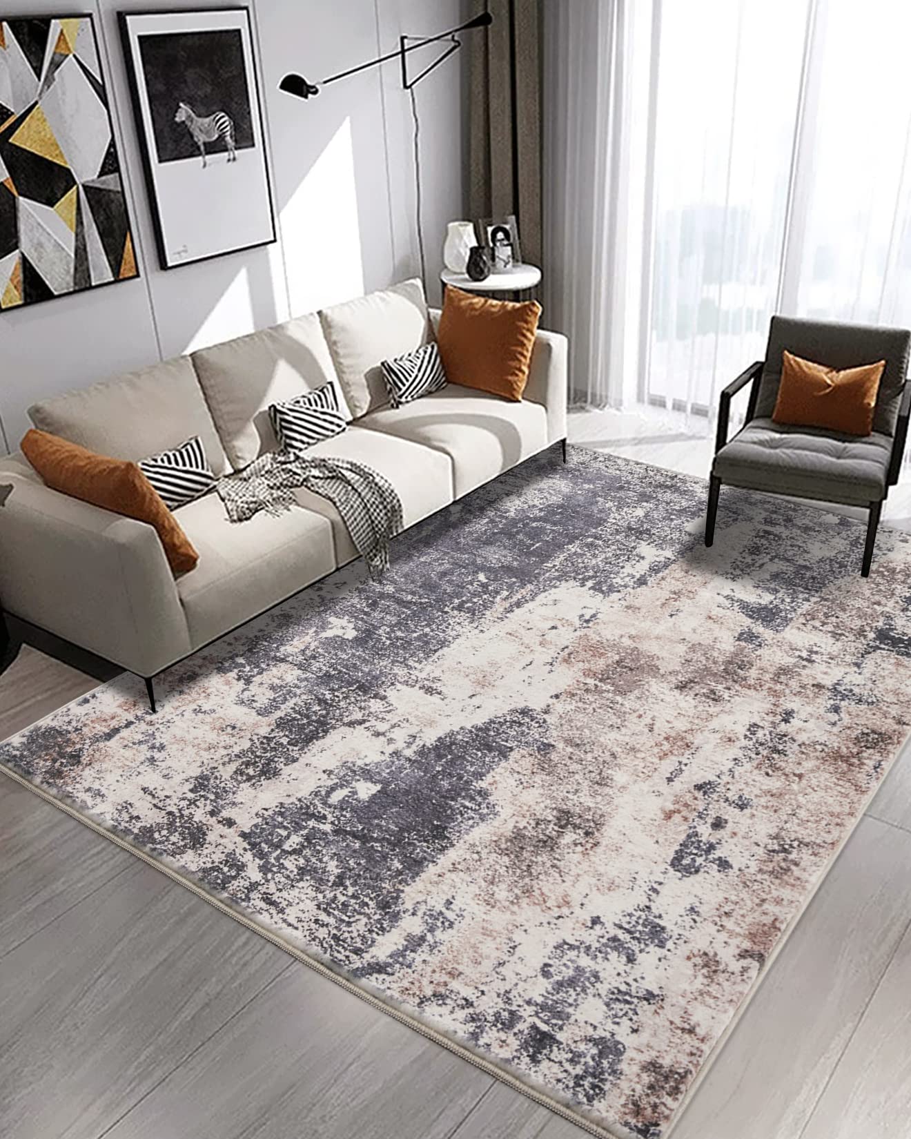 Area Rug Living Room Rugs: 8x10 Large Soft Indoor Carpet Modern Abstract Decor Rug with Non Slip Rubber Backing for Under Dining Table Nursery Home Office Bedroom Gray Brown