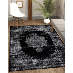 camilson machine washable area rugs with non slip backing for living room bedroom, distressed vintage washable rug 5x7, stain and water resistant, bohemian indoor carpet (5 x 7, black white)