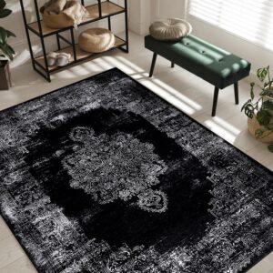 CAMILSON Machine Washable Area Rugs with Non Slip Backing for Living Room Bedroom, Distressed Vintage Washable Rug 5x7, Stain and Water Resistant, Bohemian Indoor Carpet (5 x 7, Black White)