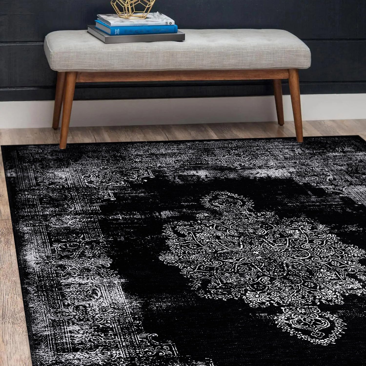 CAMILSON Machine Washable Area Rugs with Non Slip Backing for Living Room Bedroom, Distressed Vintage Washable Rug 5x7, Stain and Water Resistant, Bohemian Indoor Carpet (5 x 7, Black White)