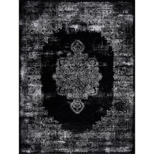 CAMILSON Machine Washable Area Rugs with Non Slip Backing for Living Room Bedroom, Distressed Vintage Washable Rug 5x7, Stain and Water Resistant, Bohemian Indoor Carpet (5 x 7, Black White)