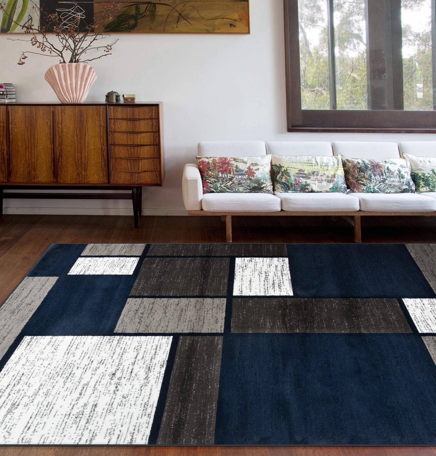 Rugshop Contemporary Modern Boxes Area Rug 5' 3" x 7' 3" Navy