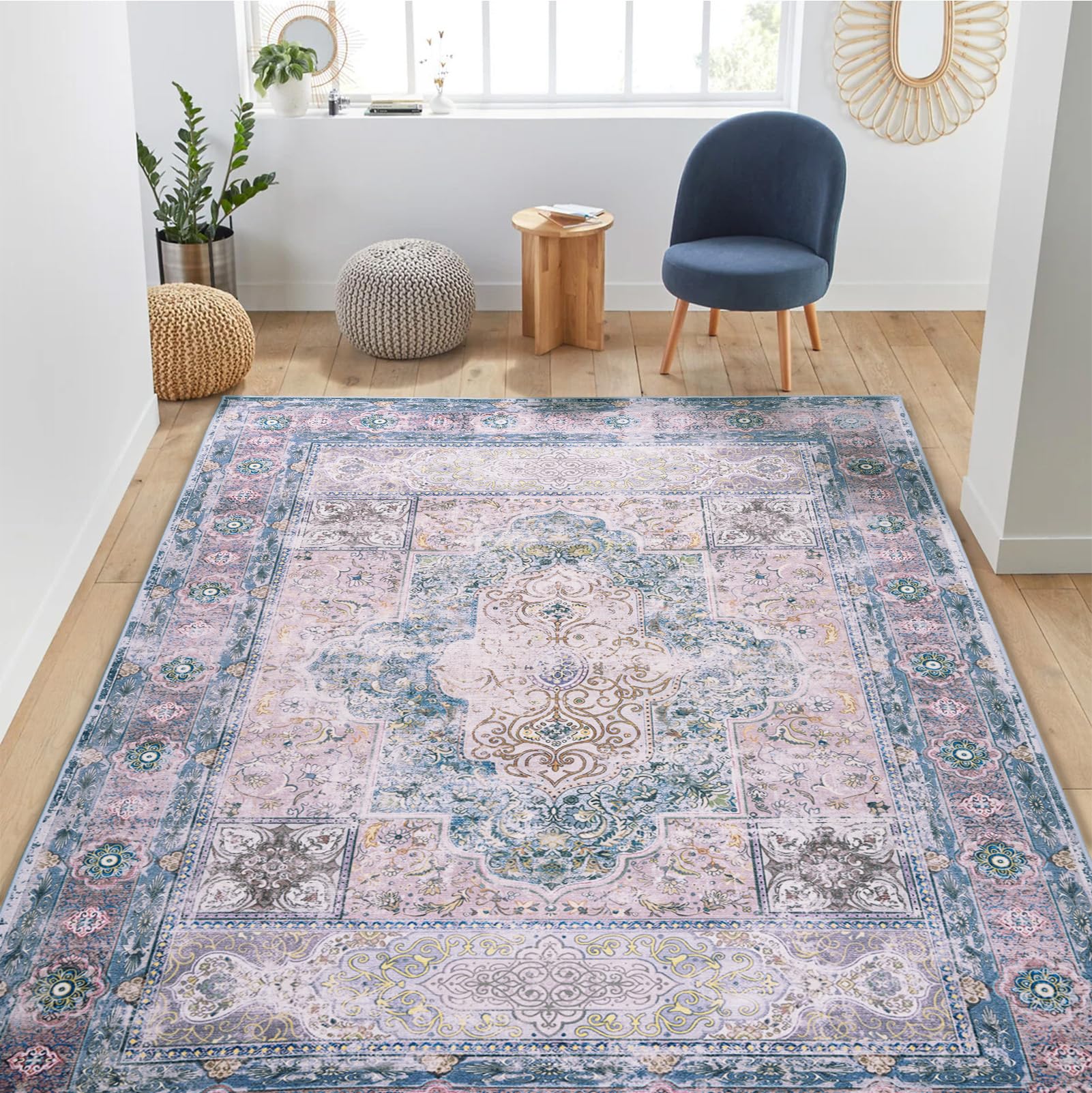 BESTSWEETIE 8x10 Area Rugs for Living Room Area Rug 8x10 Living Room Washable Rugs 8x10 Vintage Rug Area Rug for Bedroom Living Room Dinning Room No Pile Non Slip Purple/Blue/Multi