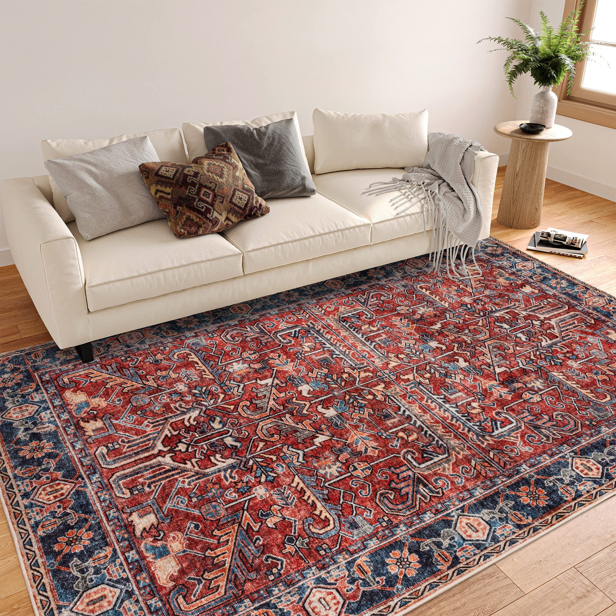 Valenrug Washable Rug 8x10 - Ultra-Thin Antique Collection Stain Resistant Area Rug for Living Room Bedroom, Distressed Vintage Rug(Red, 8'x10')