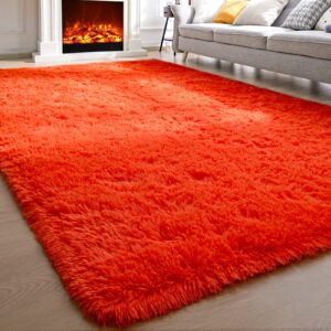 comeet super soft bedroom rug fluffy carpets, 4 x 6 feet, orange shaggy area rug for living room bedroom baby room, non-slip indoor room carpet for kids boys girls teen nursery dorm home decor