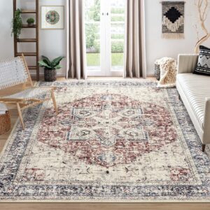 area rug living room rugs - 8x10 washable boho rug vintage oriental distressed farmhouse large thin indoor carpet for living room bedroom under dining table home office - red blue