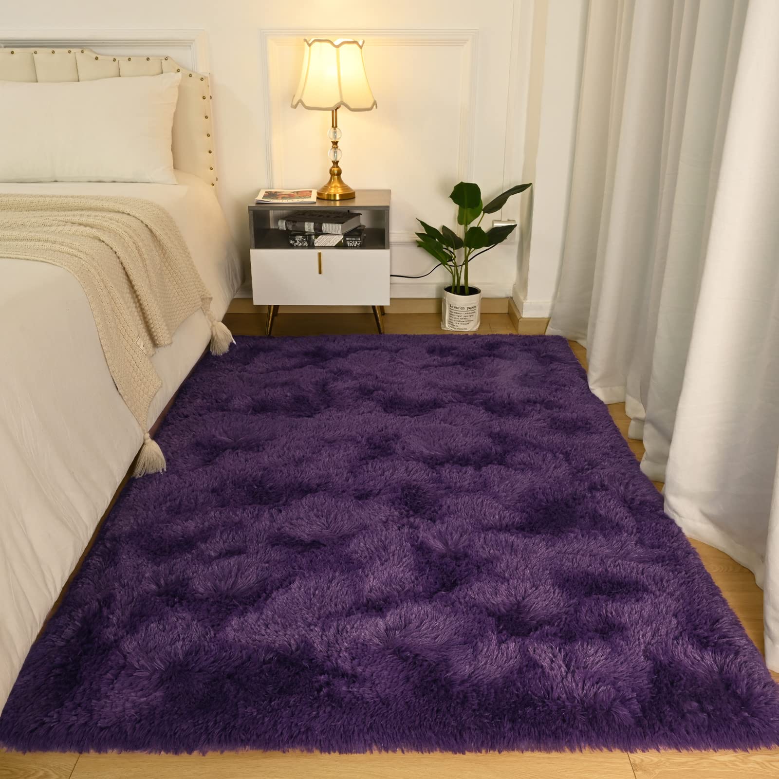 Softlife Rug for Bedroom 4x5.3 Feet Area Rug for Living Room Super Soft Shaggy Rugs for Kids Room Fluffy Fuzzy Carpets Long Plush Bedside Rug Nursery Christmas Home Decoration for Boys Girls, Purple