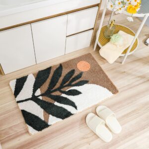 Loismood Bath Mat, Plants, Rectangular, 24'x16', Brown Bamboo, High Pile, TPR Back, Absorbent, Non Slip, Washable, Bathroom, Bedroom, Hallway