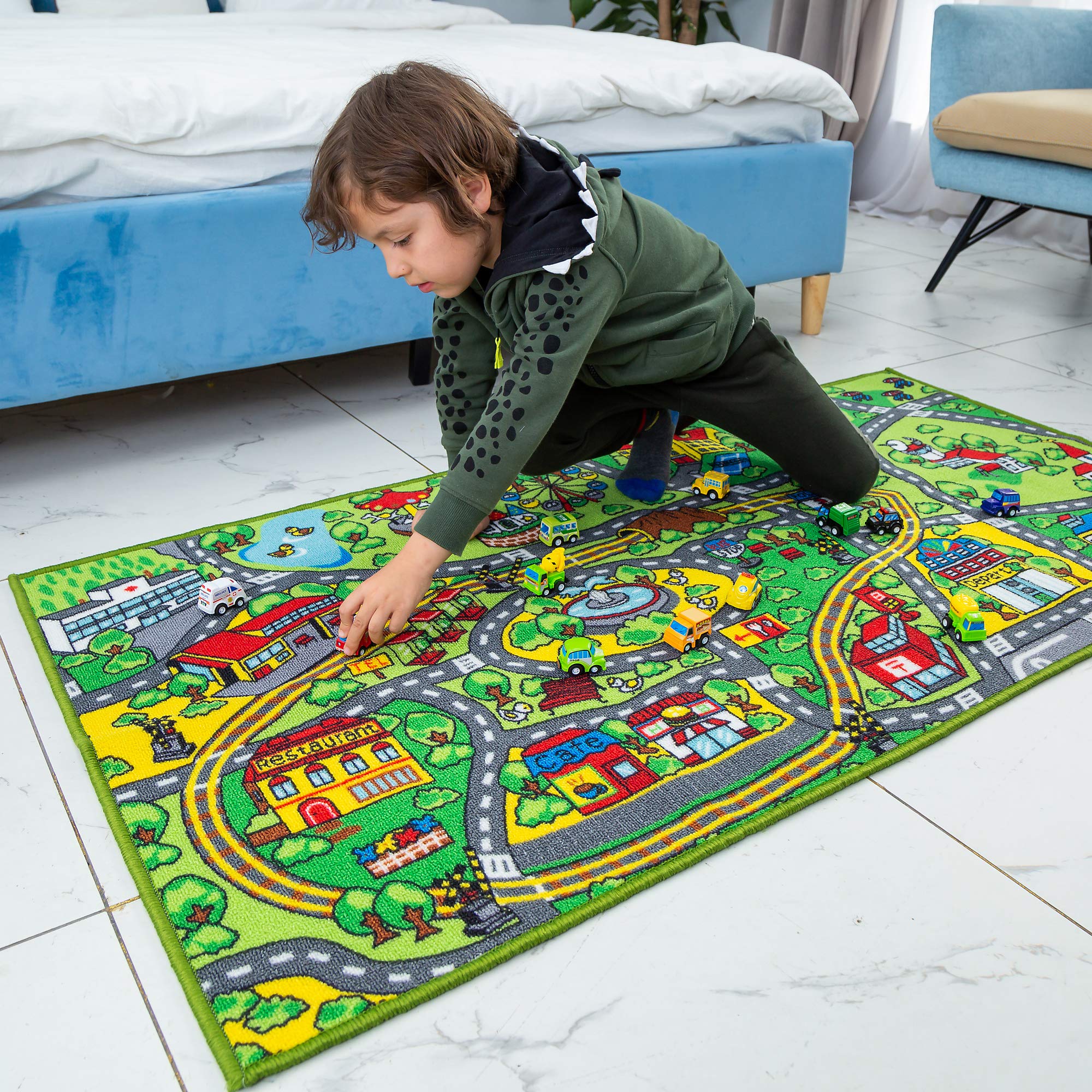 JOYIN Carpet Playmat w/ 12 Cars Pull-Back Vehicle Set for Kids Age 3+, Jumbo Play Room Rug, City Pretend Play