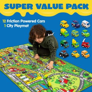 JOYIN Carpet Playmat w/ 12 Cars Pull-Back Vehicle Set for Kids Age 3+, Jumbo Play Room Rug, City Pretend Play