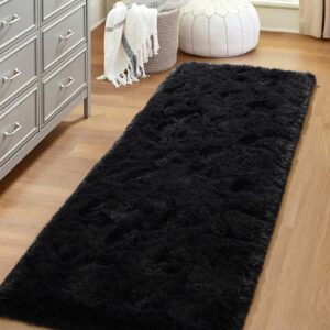 Unirea Fluffy Runner Rug for Bedroom Living Room 2x6 Feet, Black Shag Area Rugs Soft Plush Carpet Thick Long Fur Rug for Hallway Bedside Kids Nursery Girls Room Home Decor Mats