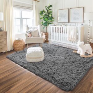 PAGISOFE Fluffy Area Rug, 5x8, Fuzzy Shag Rugs for Living Room, Girls Boys Bedroom, Soft Furry Rugs for Nursery Playroom, Cute Room Decor for Baby, Carpet for Dorm, Grey