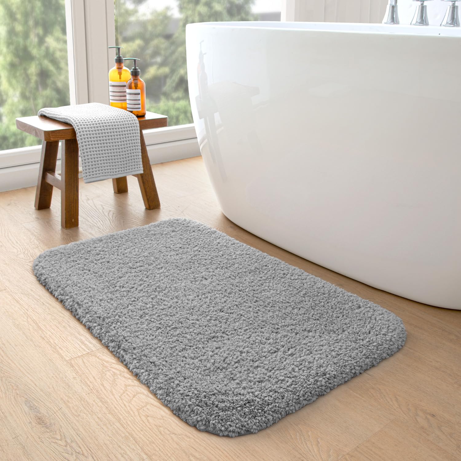 DEXI Bathroom Rug Mat, Extra Soft and Absorbent Bath Rugs, Washable Non-Slip Carpet Mat for Bathroom Floor, Tub, Shower Room, 24"x16", Grey