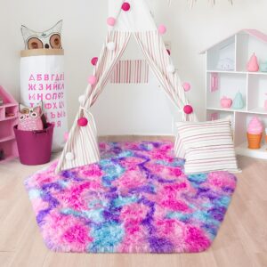 junovo Ultra Soft Hexagon Rug Fluffy Rainbow Nursery Rug for Princess Tent Kids Play Castle, Furry Hexagonal Carpet for Kids Girls Room Playhouse Classroom Dorm Home Decor, 4.6ft Tie-Dye Hot-Pink