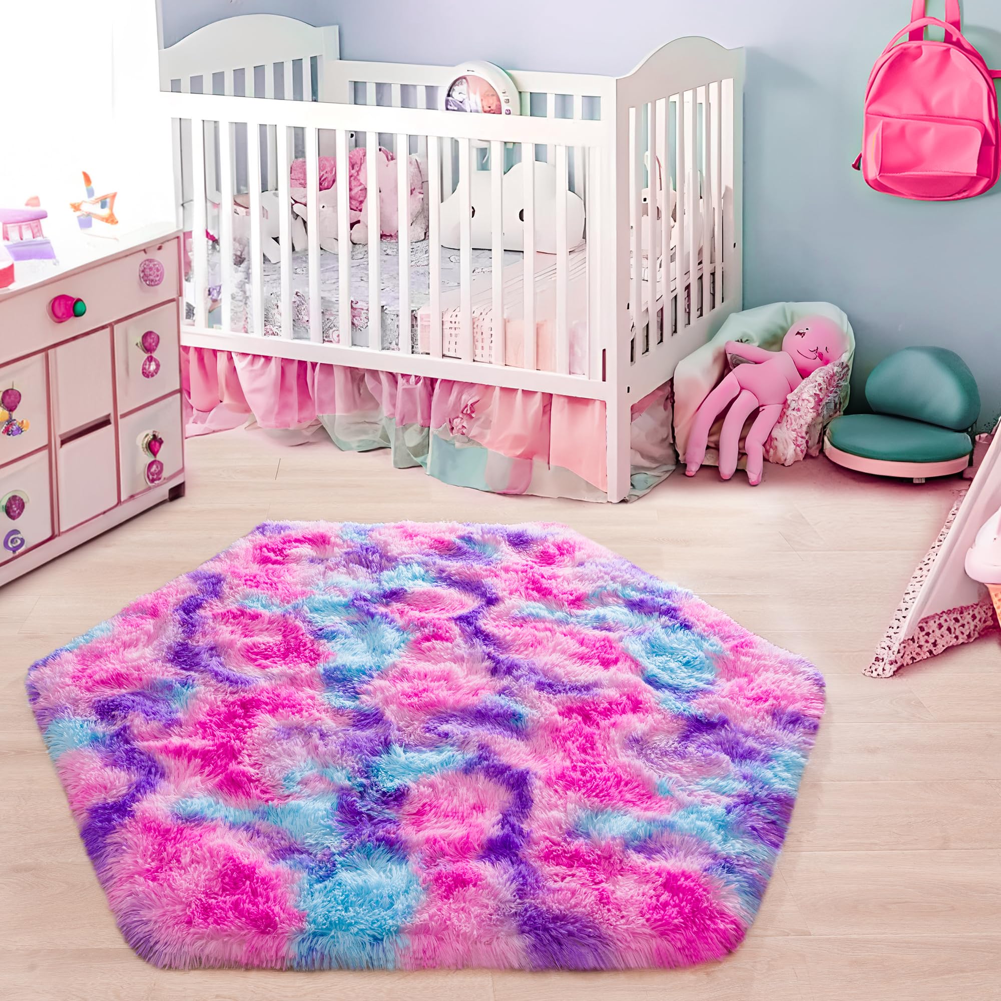 junovo Ultra Soft Hexagon Rug Fluffy Rainbow Nursery Rug for Princess Tent Kids Play Castle, Furry Hexagonal Carpet for Kids Girls Room Playhouse Classroom Dorm Home Decor, 4.6ft Tie-Dye Hot-Pink