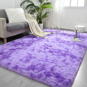 flydoit purple tie-dyed large rugs for living room, 4x6 feet shaggy rug fluffy throw carpets, ultra soft plush modern indoor fuzzy rugs for bedroom girls kids nursery room dorm home decor