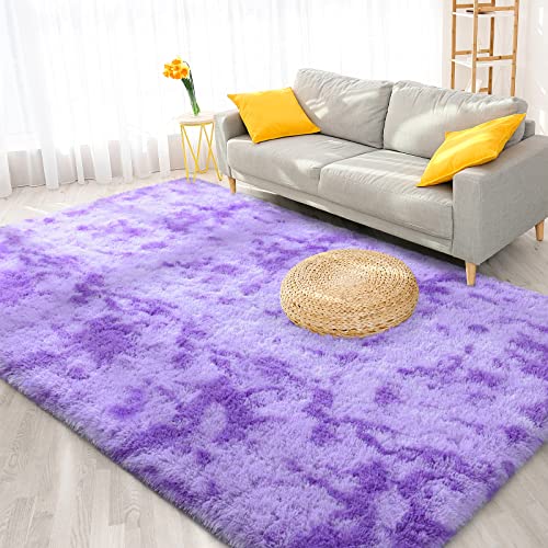 FlyDOIT Purple Tie-Dyed Large Rugs for Living Room, 4x6 Feet Shaggy Rug Fluffy Throw Carpets, Ultra Soft Plush Modern Indoor Fuzzy Rugs for Bedroom Girls Kids Nursery Room Dorm Home Decor