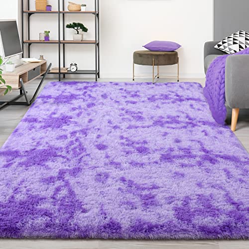 FlyDOIT Purple Tie-Dyed Large Rugs for Living Room, 4x6 Feet Shaggy Rug Fluffy Throw Carpets, Ultra Soft Plush Modern Indoor Fuzzy Rugs for Bedroom Girls Kids Nursery Room Dorm Home Decor