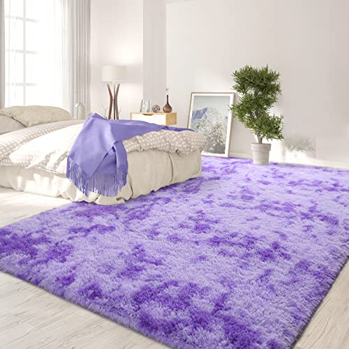 FlyDOIT Purple Tie-Dyed Large Rugs for Living Room, 4x6 Feet Shaggy Rug Fluffy Throw Carpets, Ultra Soft Plush Modern Indoor Fuzzy Rugs for Bedroom Girls Kids Nursery Room Dorm Home Decor