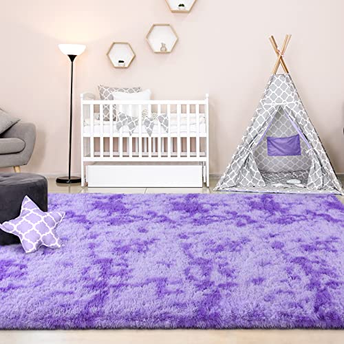 FlyDOIT Purple Tie-Dyed Large Rugs for Living Room, 4x6 Feet Shaggy Rug Fluffy Throw Carpets, Ultra Soft Plush Modern Indoor Fuzzy Rugs for Bedroom Girls Kids Nursery Room Dorm Home Decor