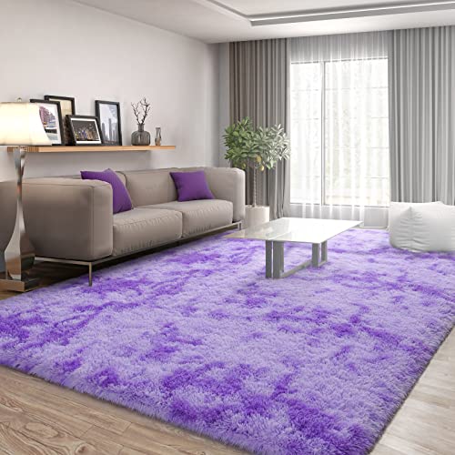 FlyDOIT Purple Tie-Dyed Large Rugs for Living Room, 4x6 Feet Shaggy Rug Fluffy Throw Carpets, Ultra Soft Plush Modern Indoor Fuzzy Rugs for Bedroom Girls Kids Nursery Room Dorm Home Decor