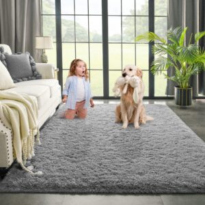 kimicole grey area rug for bedroom living room carpet home decor, upgraded 4x5.9 cute fluffy shag nursery rug for for baby room decorations, apartment dorm room essentials for teen girls kids