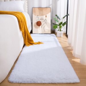 przemy fluffy runner rug for bedroom living room, 2x6 feet white shag area rugs, soft fuzzy carpet for bedside nursery kids room college dorm, plush throw rug for home decor