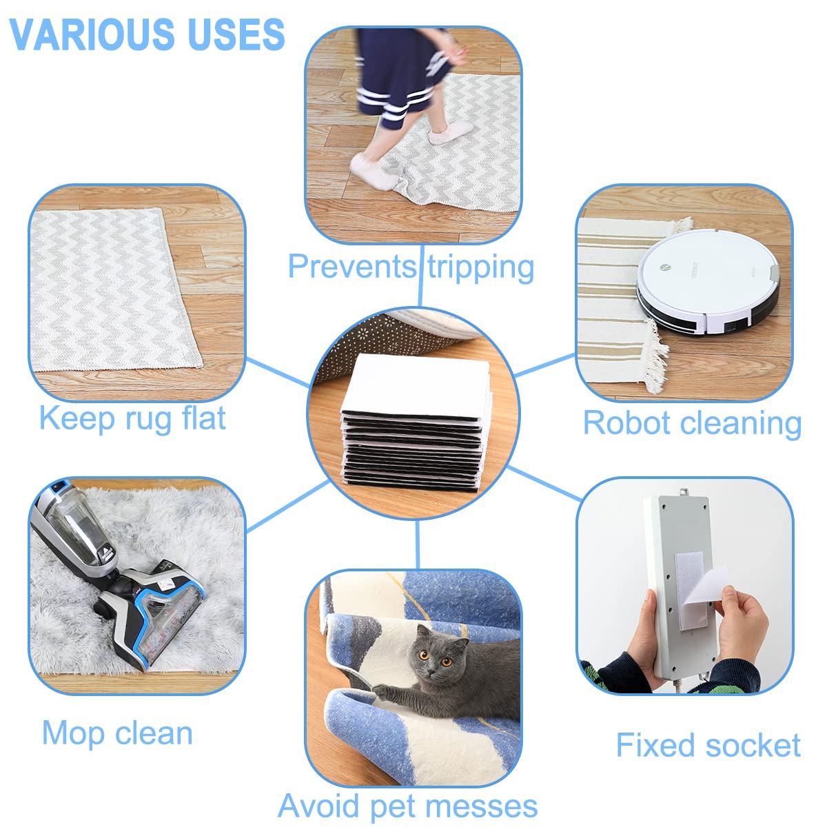 Rug Anchors Carpet Hook and Loop Non-Slip Mat Anti-Skid Stickers Square (10PCS, White)