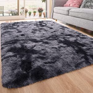 qxkaka soft tie dye dark grey 4x6 area rugs for living room bedroom, shag shaggy floor rug fuzzy fluffy carpet soft plush furry rug, machine washable large rug for kids home decor aesthetic