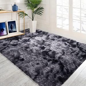 QXKAKA Soft Tie Dye Dark Grey 4x6 Area Rugs for Living Room Bedroom, Shag Shaggy Floor Rug Fuzzy Fluffy Carpet Soft Plush Furry Rug, Machine Washable Large Rug for Kids Home Decor Aesthetic