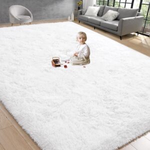 white rug for living room, super large 8'x10' soft fluffy shag area rug for bedroom nursery room, throw shaggy furry carpet, rectangle faux fur plush fuzzy rugs for dorm teen room home décor