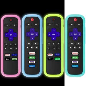 4pack silicone remote cover for roku | tcl hisense roku glow in the dark remote case universal for roku express 4k+ 2021 | roku streaming stick+ remote controller sleeve with lanyards