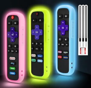 3 pack remote cover for roku, the remote case compatible with roku voice remote official, silicone universal protective controller sleeve for roku tv remote glow in the dark yellow blue pink