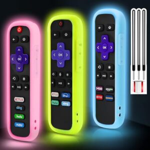 3 Pack Remote Cover for Roku, The Remote Case Compatible with Roku Voice Remote Official, Silicone Universal Protective Controller Sleeve for Roku TV Remote Glow in The Dark Yellow Blue Pink