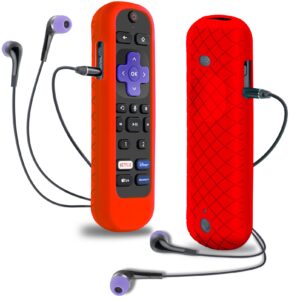 case for roku headphone remote, battery cover for roku voice pro remote, rechargeable control with headphone jack silicone sleeve skin red