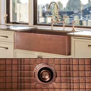 fsw1105 luxury 33-inch heavy 12-gauge medium patina copper farmhouse sink, includes accs, flat front