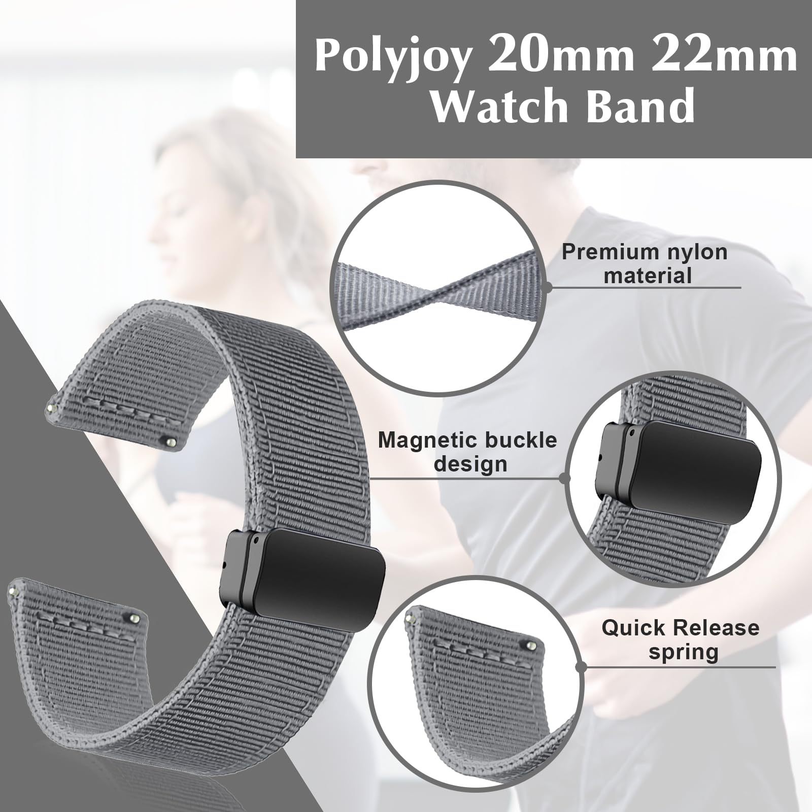 20mm Watch Band Compatible with Samsung Galaxy Watch 6 Band 40mm 44mm, Galaxy Watch 6 Classic Bands 43mm 47mm, Nylon Quick Release Replacement Strap with Magnetic Buckle for Women Men