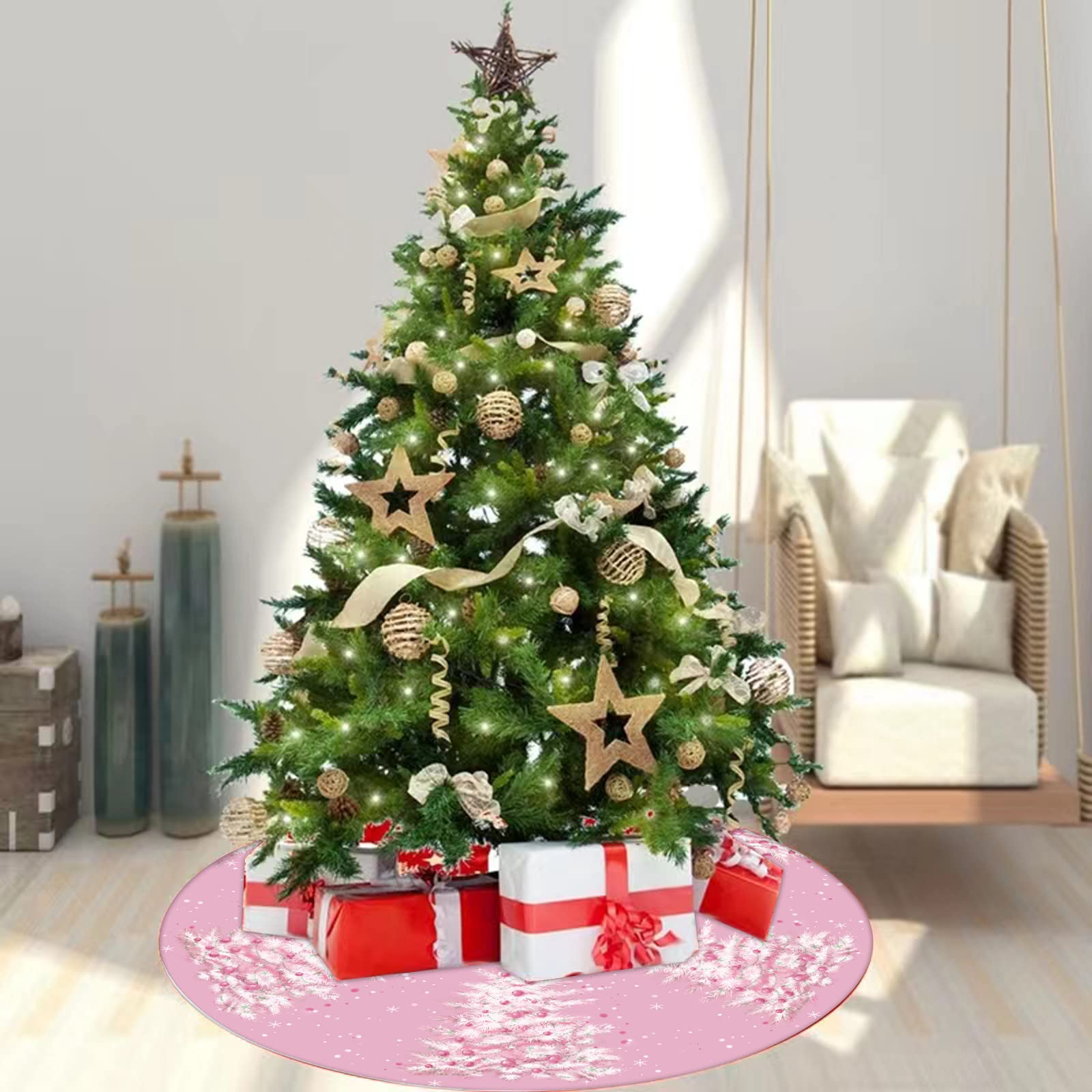 Christmas Tree Skirt Pink Christmas Tree Skirt 48inch Xmas Winter Tree Skirt for Christmas Indoor Outdoor Decorations