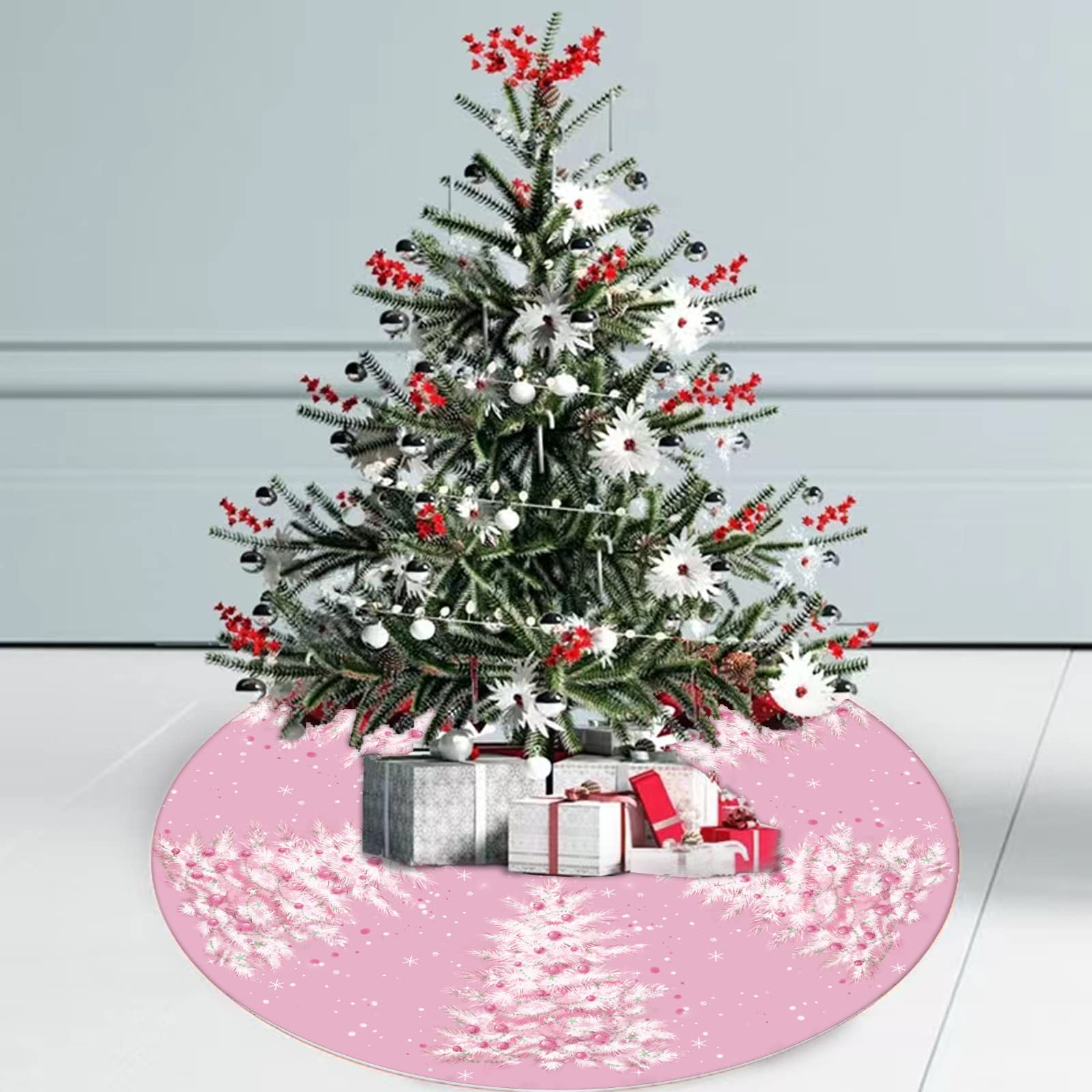 Christmas Tree Skirt Pink Christmas Tree Skirt 48inch Xmas Winter Tree Skirt for Christmas Indoor Outdoor Decorations