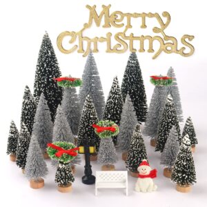 uniprimebbq mini miniature christmas pine tree bottle brush trees wooden bases tree for your village desktop xmas holiday party (silver/green 30pcs)