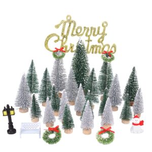 UNIPRIMEBBQ Mini Miniature Christmas Pine Tree Bottle Brush Trees Wooden Bases Tree for Your Village Desktop Xmas Holiday Party (Silver/Green 30pcs)