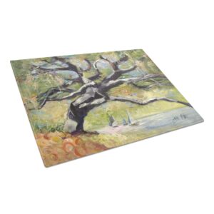 caroline's treasures jmk1132lcb oak tree on the bay with sailboats glass cutting board large decorative tempered glass kitchen cutting and serving board large size chopping board