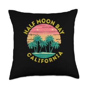 half moon bay retro beach accessories retro half moon bay vacation souvenir palm tree throw pillow, 18x18, multicolor