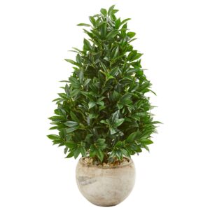 nearly natural 38-in. bay leaf cone topiary artificial bowl planter uv resistant (indoor/outdoor) silk trees green