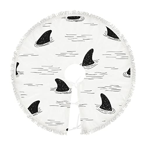 Small Christmas Tree Skirt Shark Black and White Doodle,30 Inch Tree Skirt for Christmas Holiday Party Decoration,Rustic Tree Skirts Mat Home Indoor Outdoor Ornaments