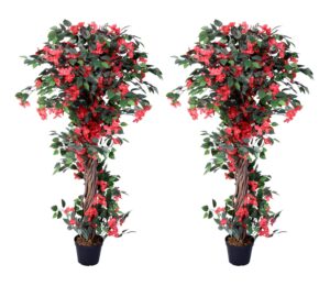 pair amerique gorgeous 5 feet blooming artificial bougainvillea tree with flowers & real wood trunks, with nursery pots, feel real technology red and green