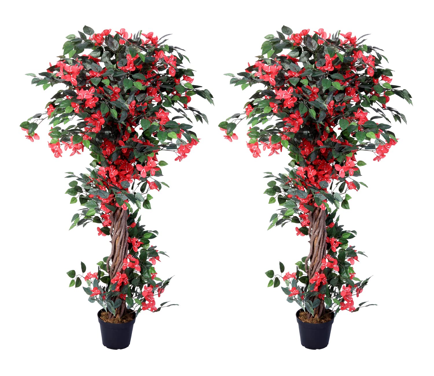 Pair AMERIQUE Gorgeous 5 Feet Blooming Artificial Bougainvillea Tree with Flowers & Real Wood Trunks, with Nursery Pots, Feel Real Technology Red and Green