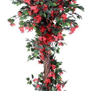 Pair AMERIQUE Gorgeous 5 Feet Blooming Artificial Bougainvillea Tree with Flowers & Real Wood Trunks, with Nursery Pots, Feel Real Technology Red and Green