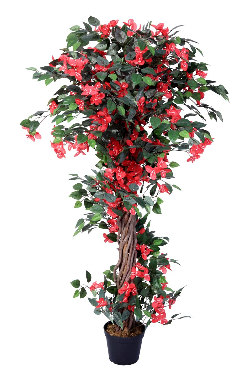 Pair AMERIQUE Gorgeous 5 Feet Blooming Artificial Bougainvillea Tree with Flowers & Real Wood Trunks, with Nursery Pots, Feel Real Technology Red and Green