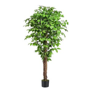 keeplush 6.2ft. ficus artificial trees with 3 natural curved trunks, 74" tall lush faux tree for home decor indoor, green lifelike fake ficus tree artificial plants